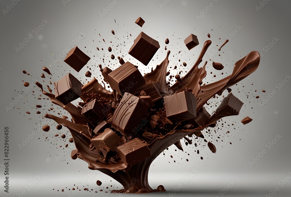 Various types of chocolate falling with choc flake in the air isolated ...