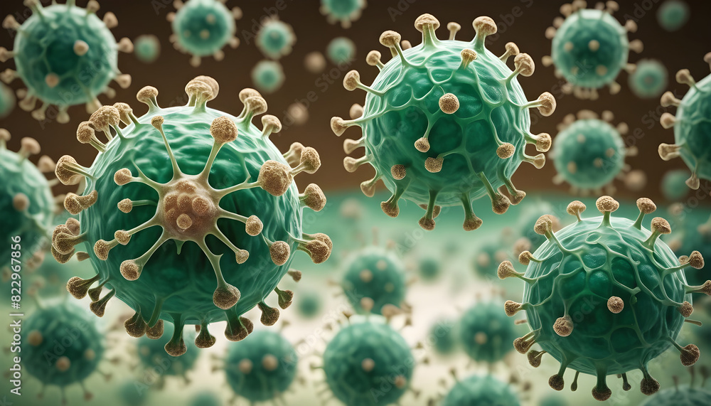 Green dangerous virus, flu infection medical Microscopic view of ...