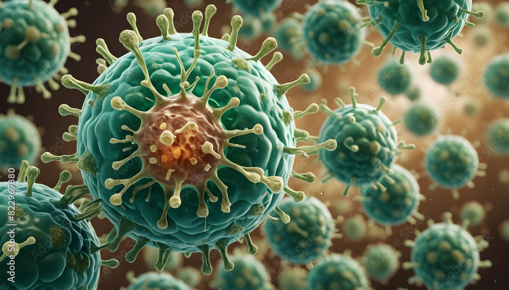 Green dangerous virus, flu infection medical Microscopic view of ...