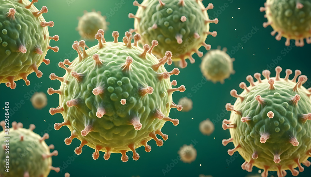 Green dangerous virus, flu infection medical Microscopic view of ...