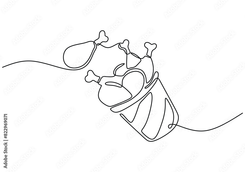 one continuous line drawing of A bucket of fried chicken drumsticks in ...