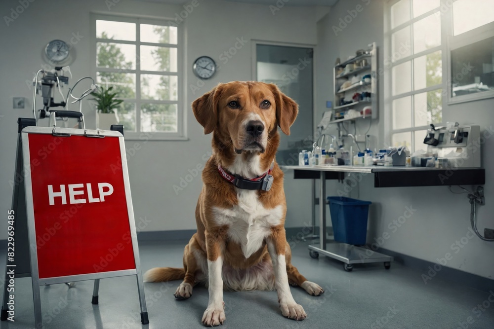 Dog in Need of Medical Assistance, a dog with a "Help" signboard around ...