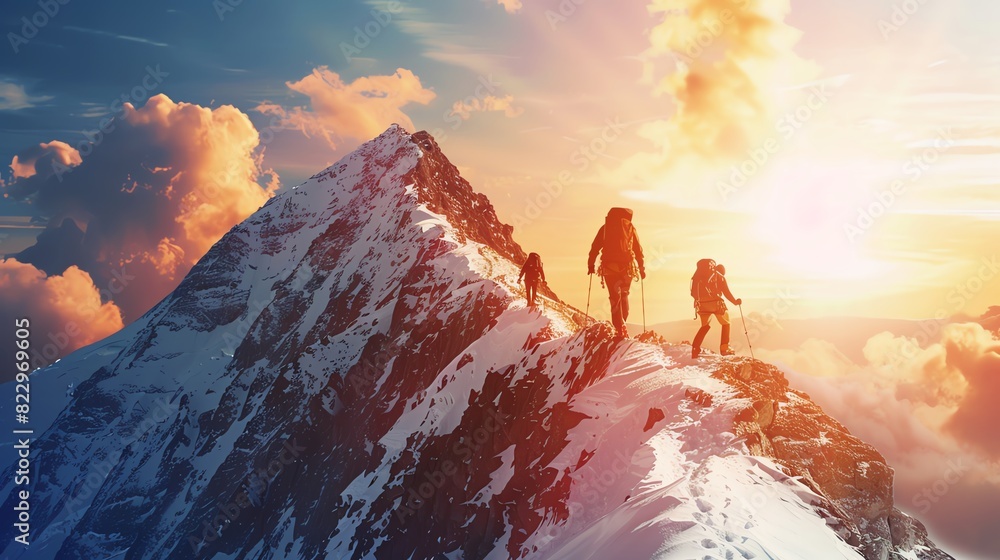 Dynamic mountain summit with climbers reaching the top, achievement ...