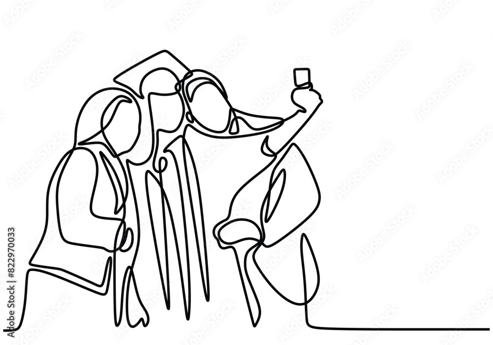 one continuous line drawing of graduated woman student posing selfie ...