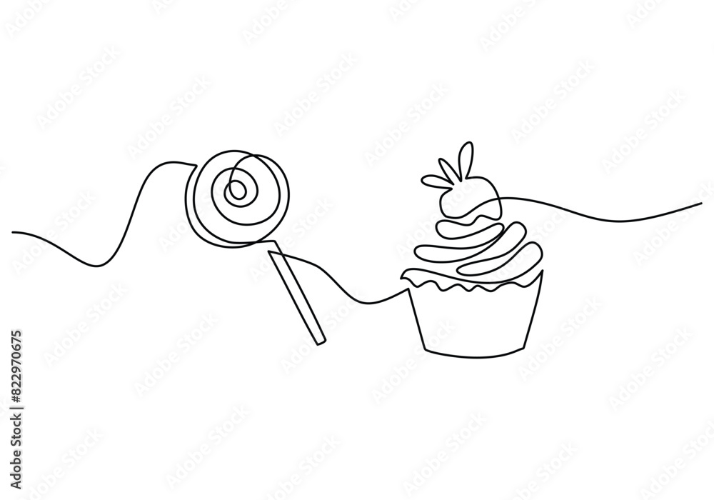 one continuous line drawing of sweet candy and muffin cake isolated on ...