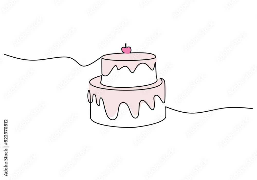 one continuous line drawing of birthday cake with pink cherry topping ...