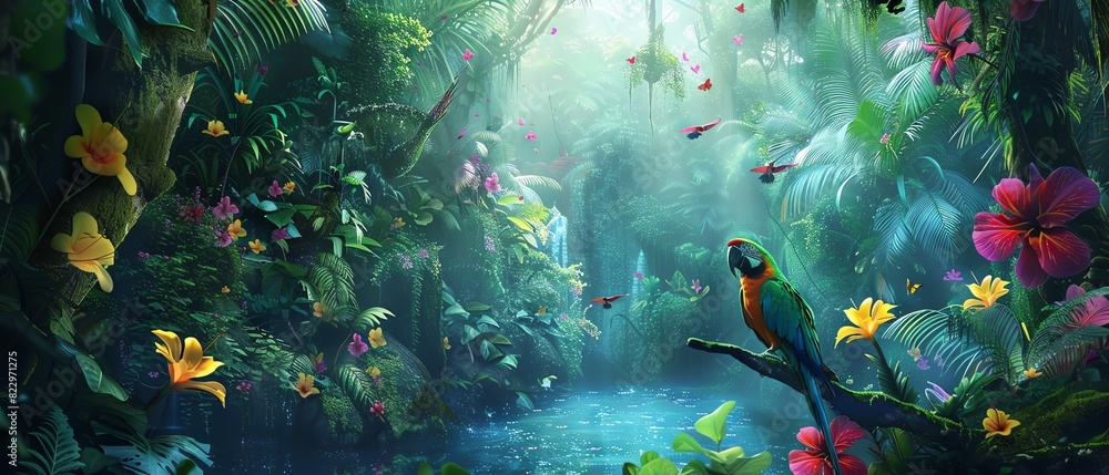 Beautiful rainforest scene with exotic birds and colorful flowers ...