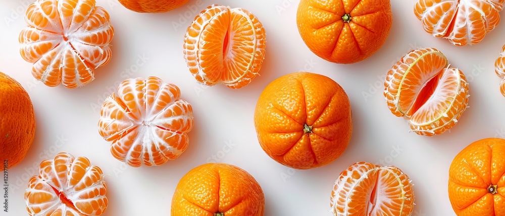 Overhead view of fresh, peeled and whole mandarins arranged on a white ...