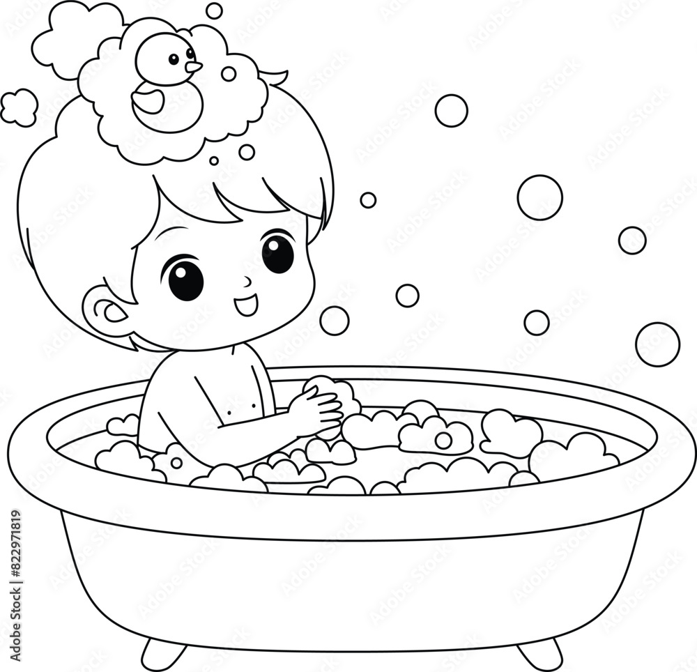 Baby boy in bathroom taking a shower coloring page clipart cartoon ...