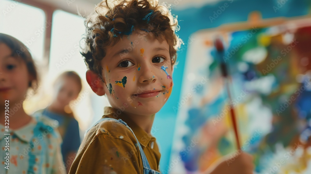 Surrounded by classmates, a child painter shares his masterpiece ...
