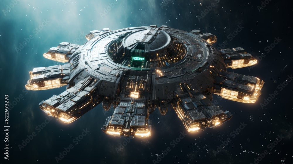 Armored mothership enduring an asteroid storm, front view, showcasing ...