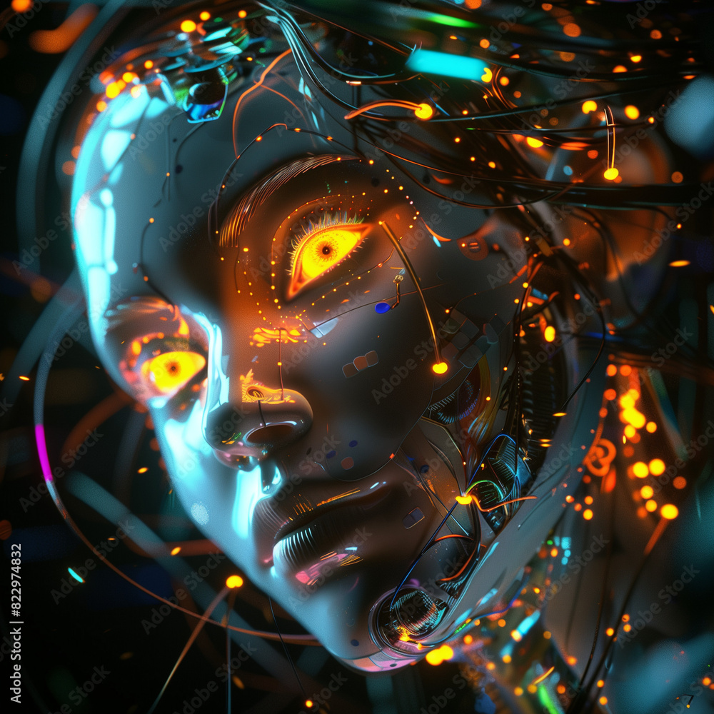 Hybrid girl-robot head with a glowing brain, neurons actively ...