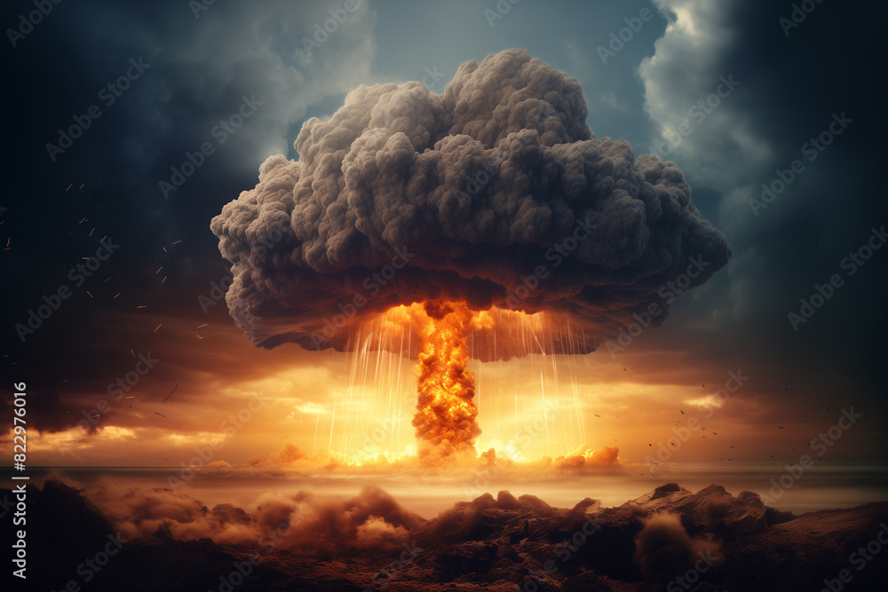An explosion making a nuclear fire mushroom cloud in an apocalyptic war ...