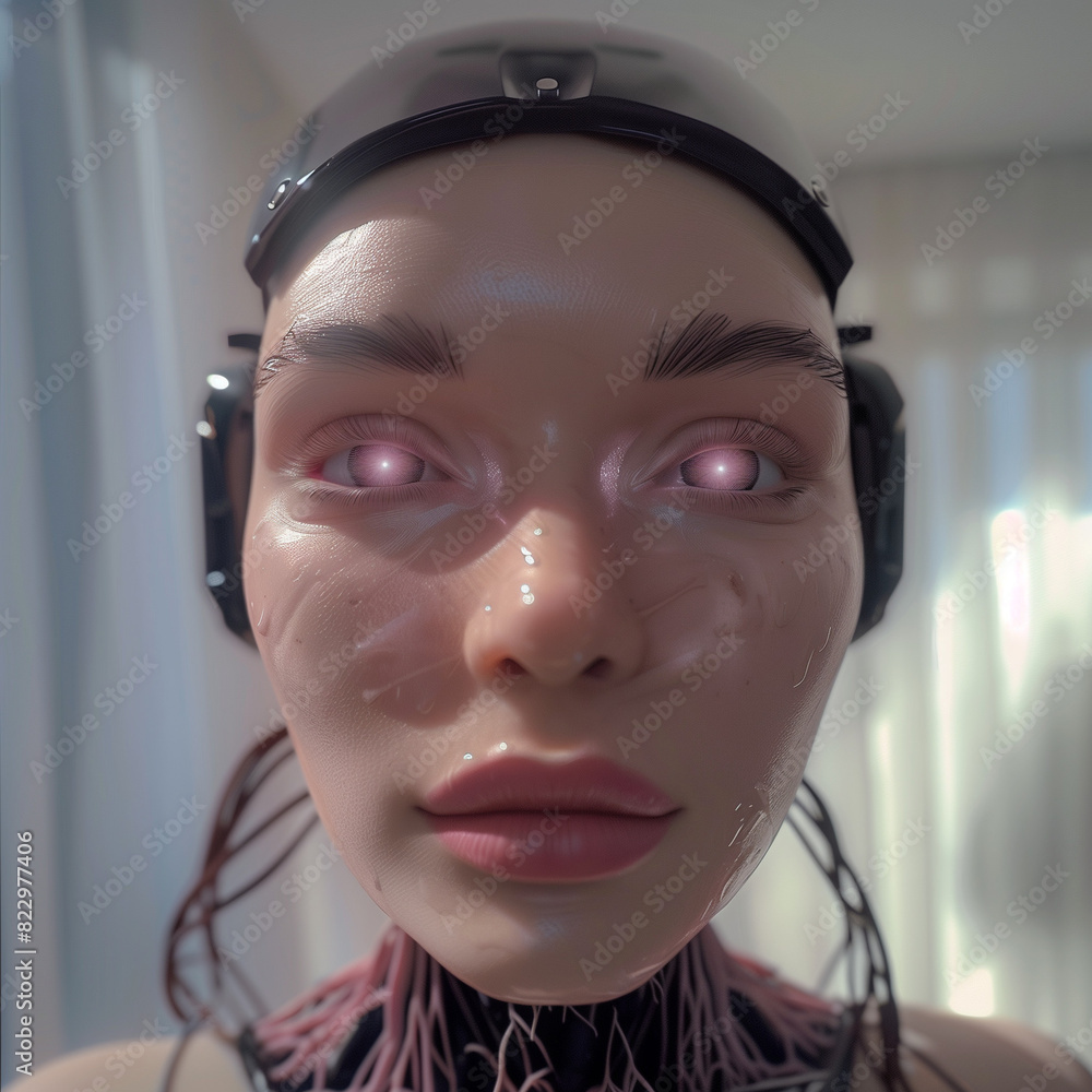 Futuristic rebel avatar with a face partly covered in cybernetic mesh ...