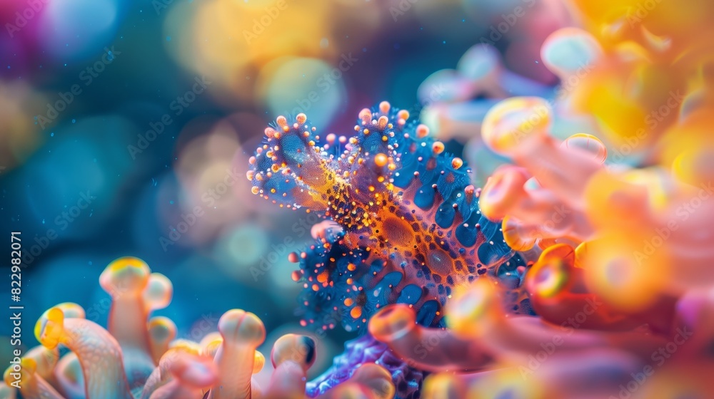 A colorful coral reef with many different types of sea creatures ...