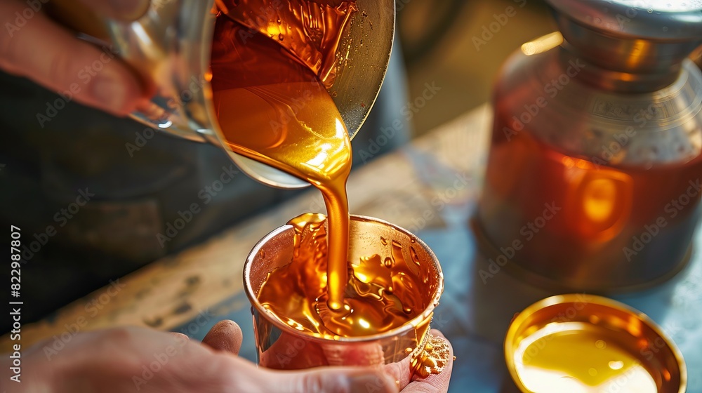 Hand pouring molten gold from a cup Top view Demonstrates process ...