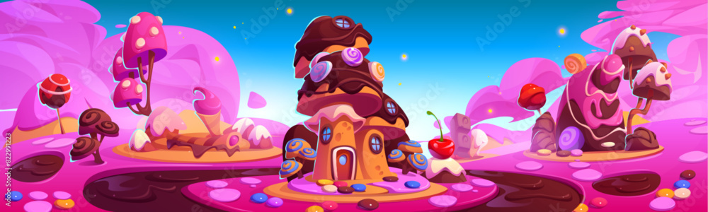 Candy land world with sweet game landscape vector. Fantasy magic pink ...