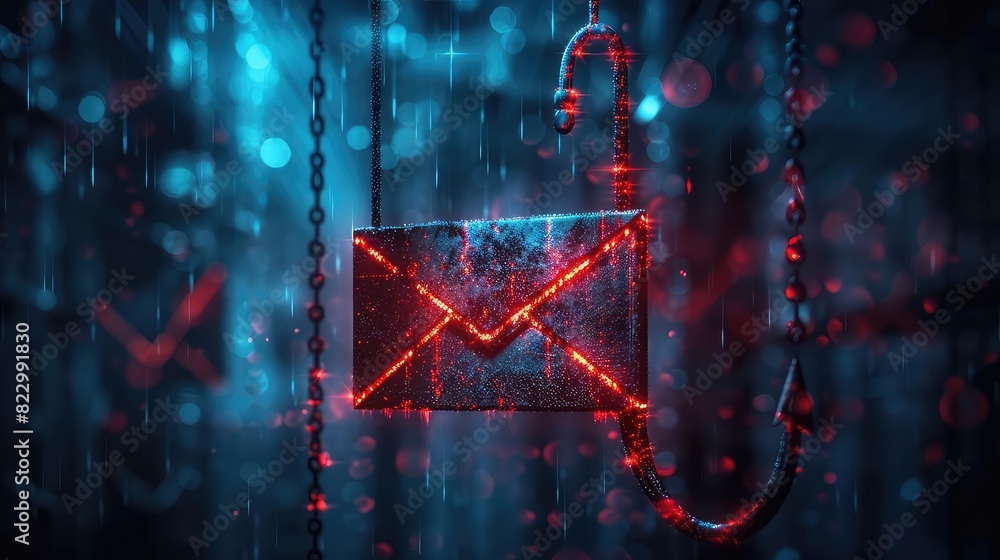 Phishing attack visualization, email icon with hook, red and blue tones ...