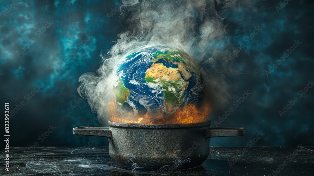 The photo shows a planet Earth inside a cooking pot. The earth is ...