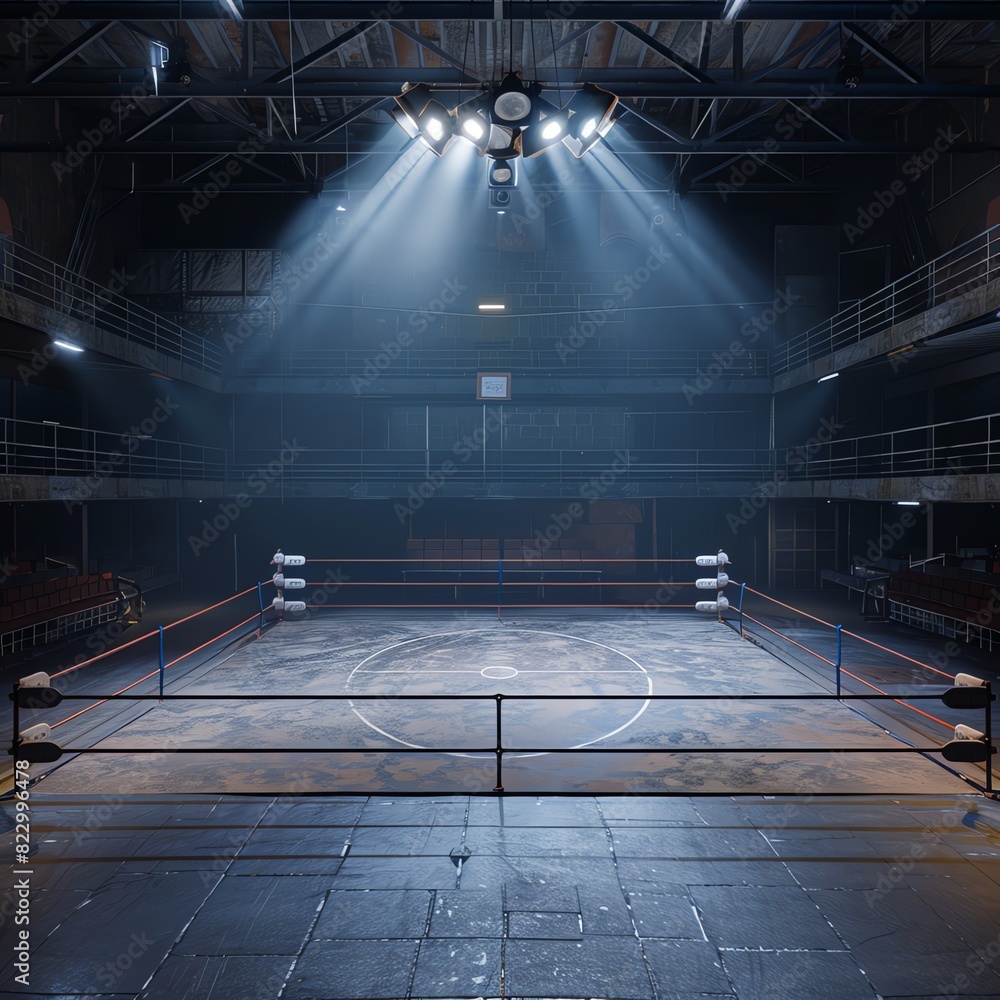 A calm before the storm scene showing an empty wrestling ring in an ...