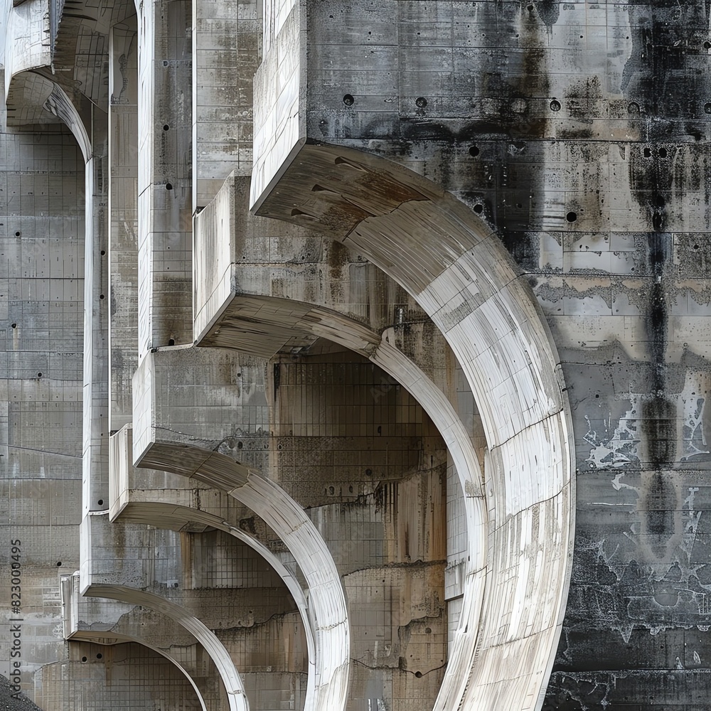 A close-up of the massive reinforced concrete blocks of an arch dam ...