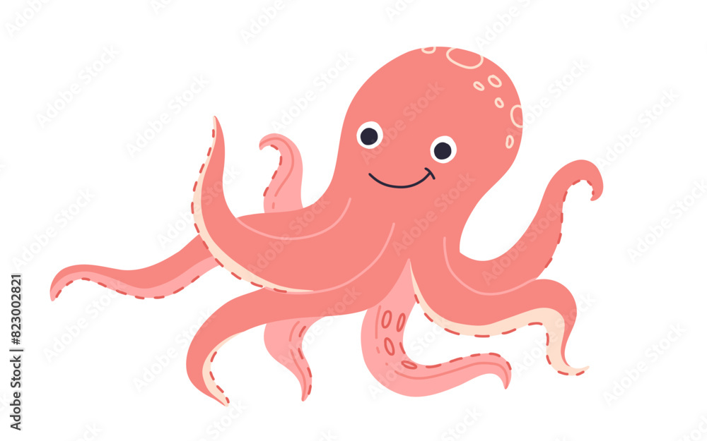 Cute smiling octopus isolated on pink background. Funny underwater pink animal with eight ...