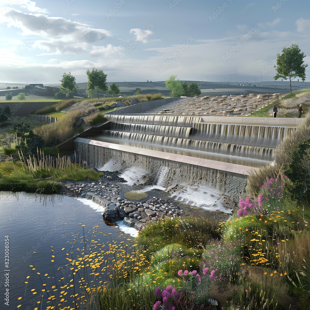 An overview showing the extensive water control system at the base of a ...