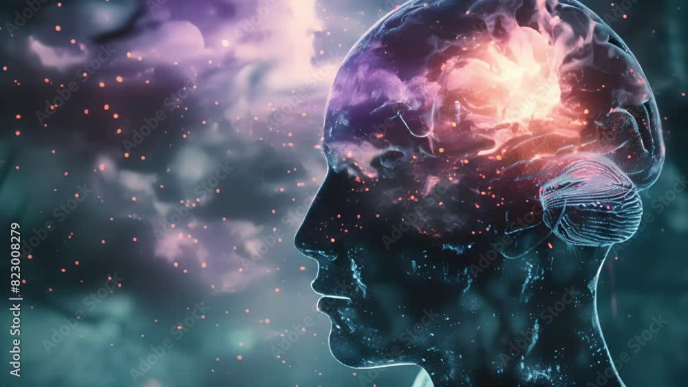 An illustration of a persons head split open revealing a digital brain ...