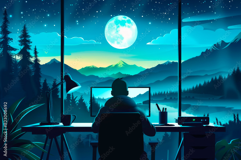 back view of programmer freelancer workplace. Person coding, writing a ...