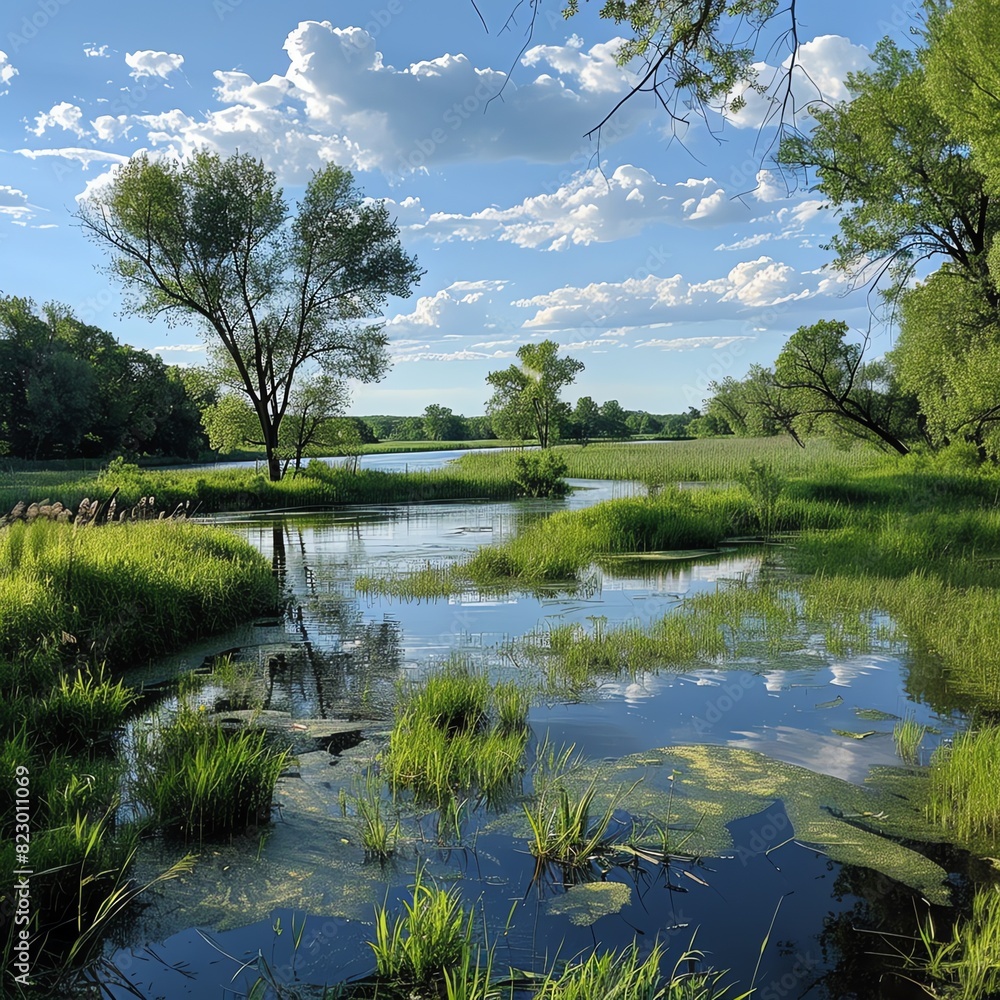 A tranquil scene of a floodplain area that has been restored with ...