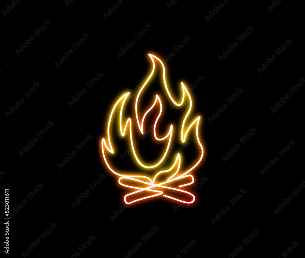 Neon light glow of fire flame. Continuous one line drawing of fire ...