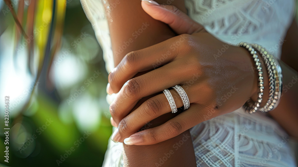 Beautiful model hand wearing white gold diamond ring and tinnes ...