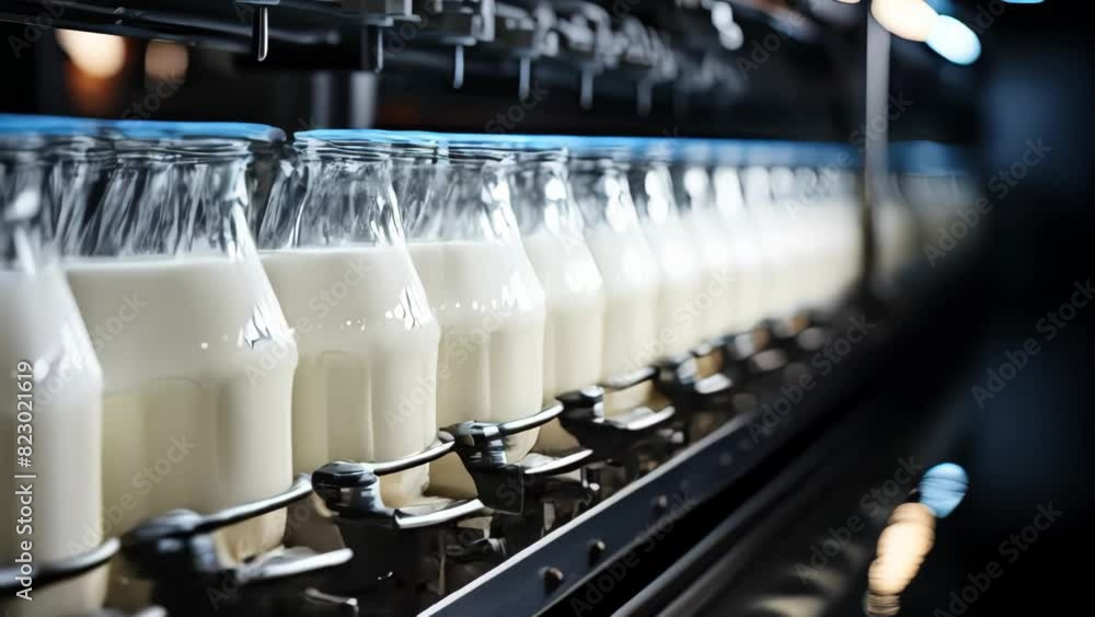 Dairy. Row of bottles with pasteurized milk on conveyor belt. Dairy ...