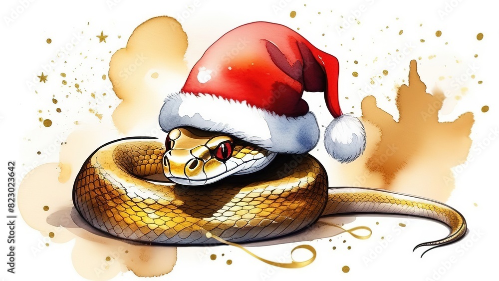 Illustration of a watercolor cute snake in a red Santa hat, symbol of ...