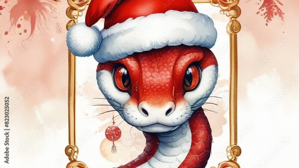 Illustration of a watercolor cute snake in a red Santa hat, symbol of ...