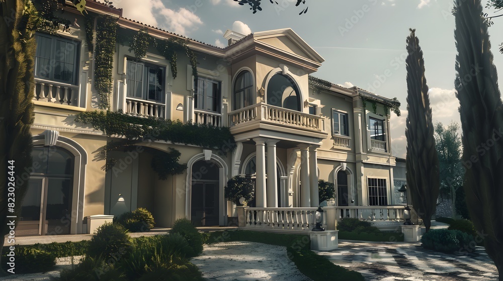 Luxurious two-story mansion with elegant columns and balconies ...