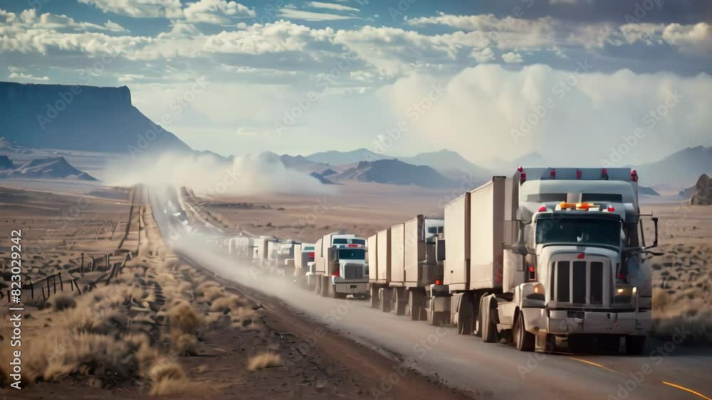 A long line of semi trucks driving down a desert road led by a lone ...