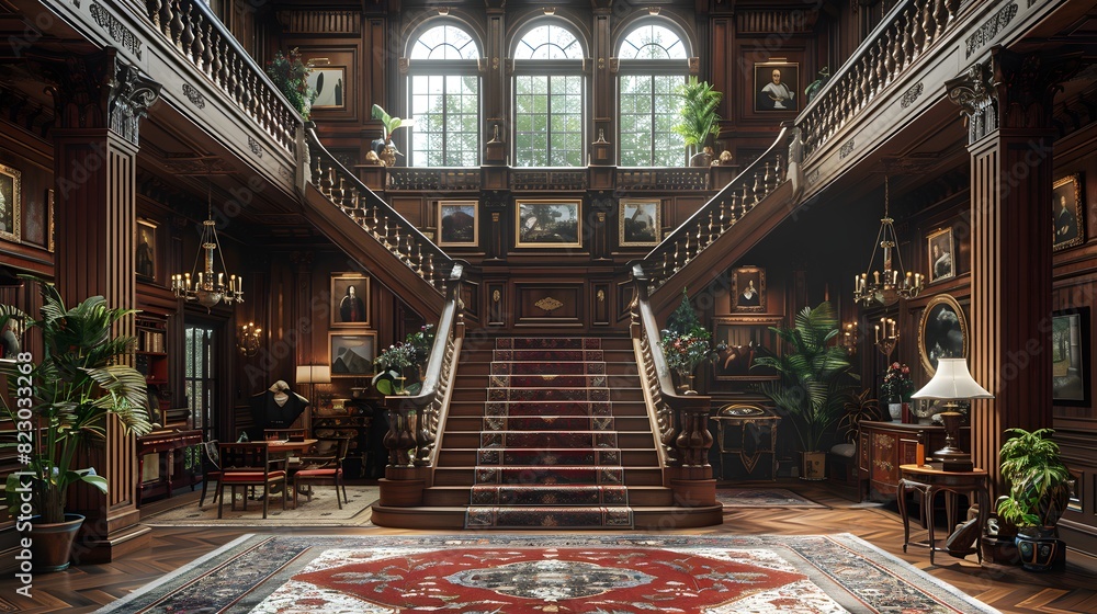 Elegant classical library interior with grand staircase, ornate wooden ...