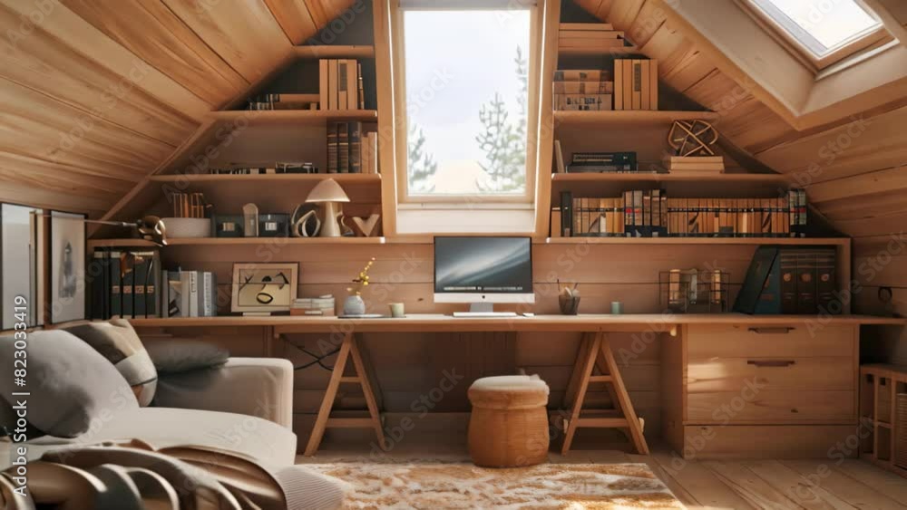 A cozy living room featuring a couch and a desk against sloped ceilings ...