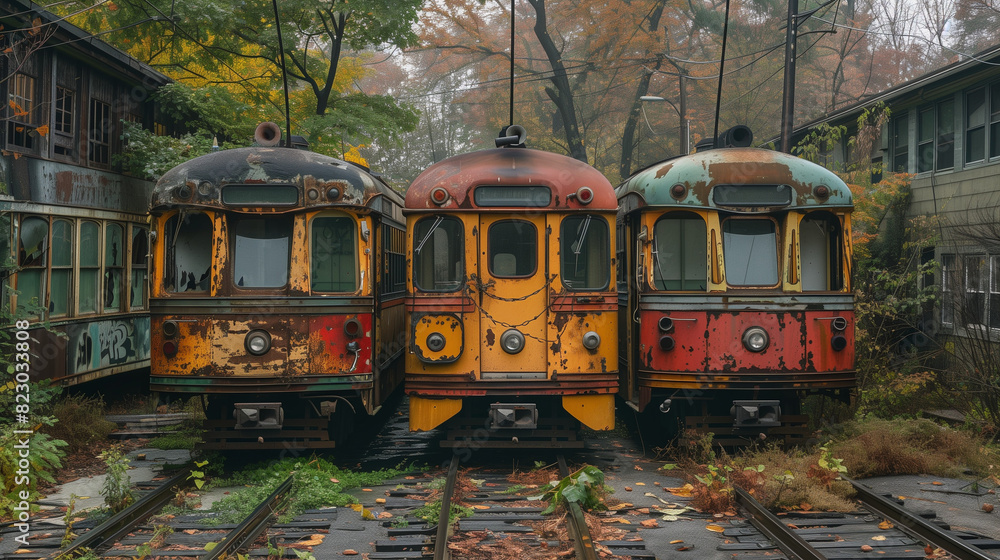 Abandoned Trolley Cars - Old trolley cars standing still on tracks ...