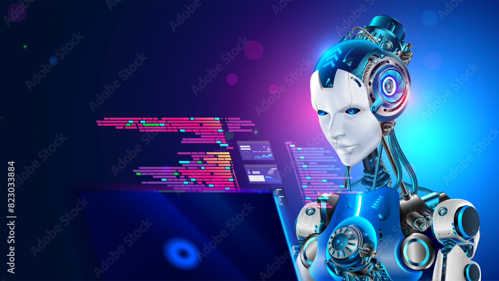 AI robot work on laptop. Robot software developer or programmer coding ...