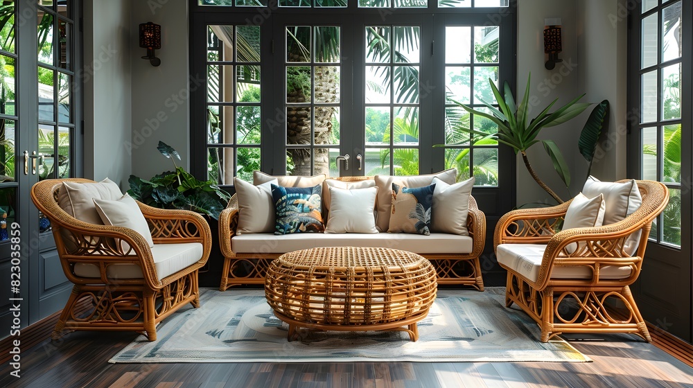 Elegant indoor lounge area with natural light and wicker furniture set ...