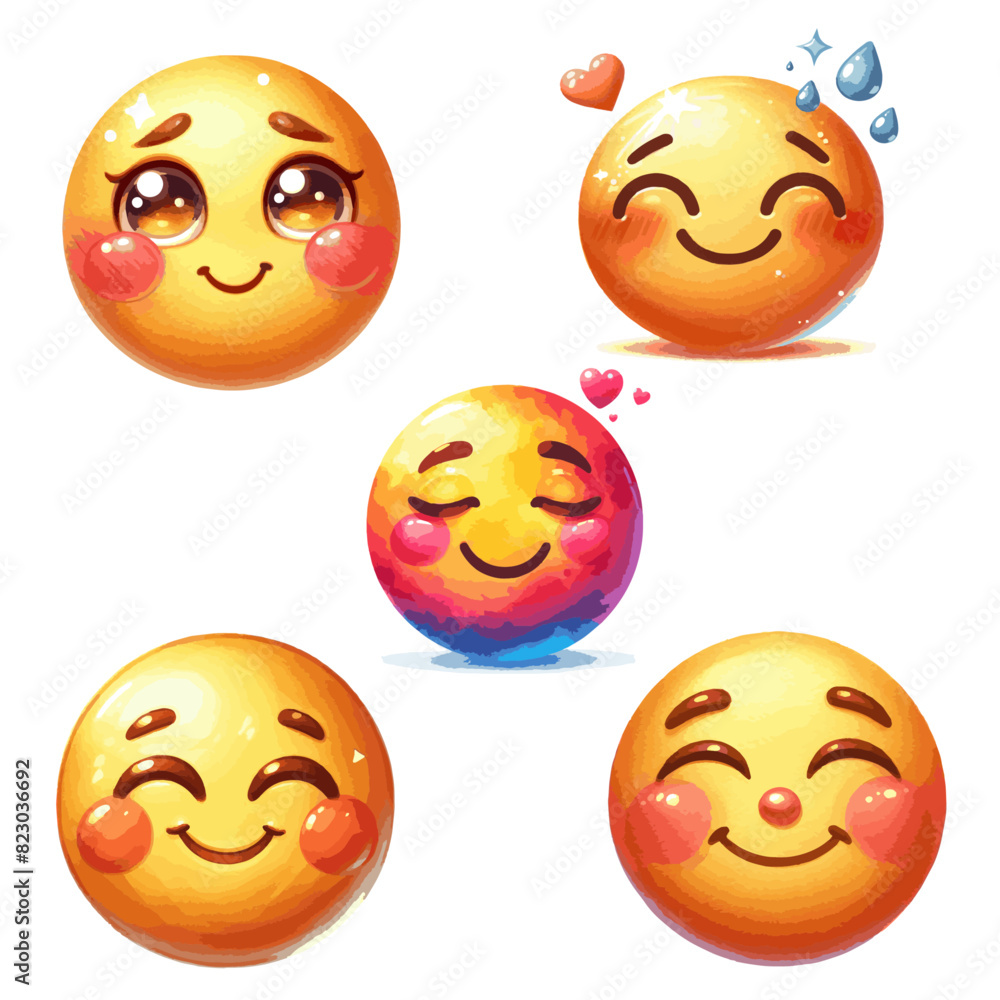 Very Beautiful highly detailed emoji set watercolor vector illustration ...