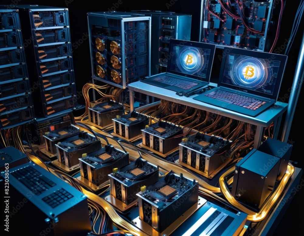 A sophisticated cryptocurrency mining setup with powerful rigs and ...