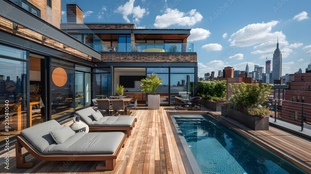 Luxurious rooftop terrace with comfortable lounging chairs, a swimming ...