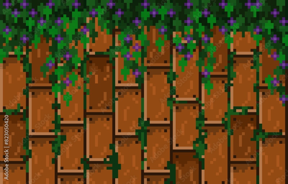 Pixel art 2D Wooden texture design with shadowing, vines and purple ...