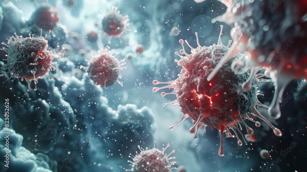 Immune System Illustration of white blood cells attacking a virus close ...