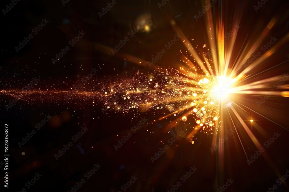 Explosion. Golden light rays and particles radiating from an ...