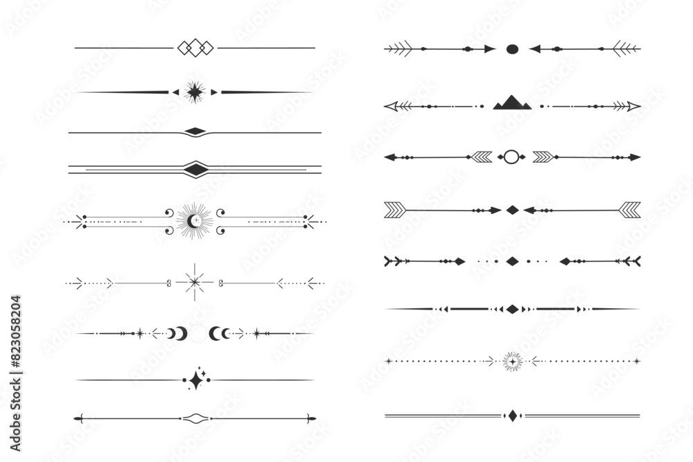 Set tribal ethnic arrow dividers, native indian bow boho in doodle ...