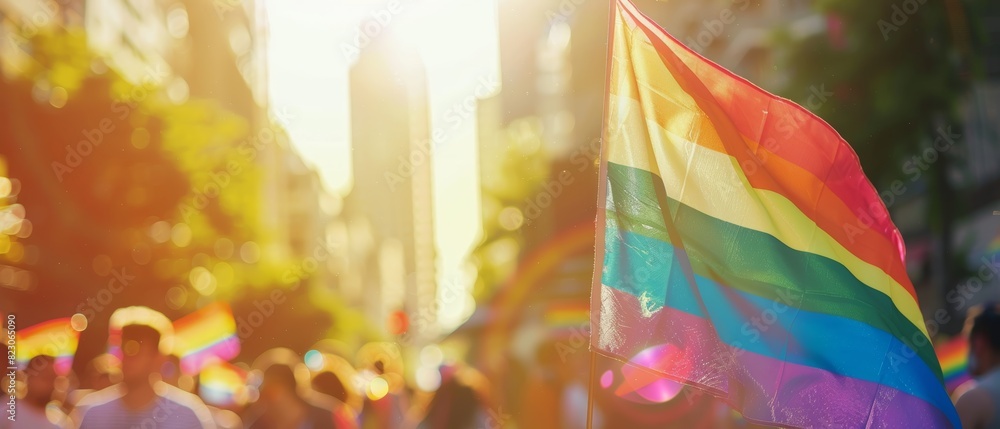Colorful pride parade with a large rainbow flag up front, sunlit city ...